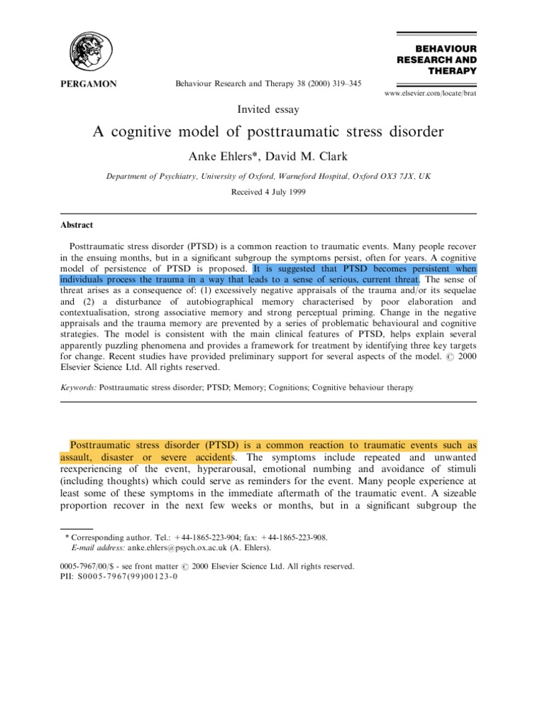 A Cognitive Model Os PTSD - Ehlers & Clark | PDF