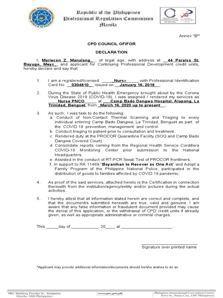 ANNEX B DECLARATION For CPD | Download Free PDF | Health Sciences | Medicine