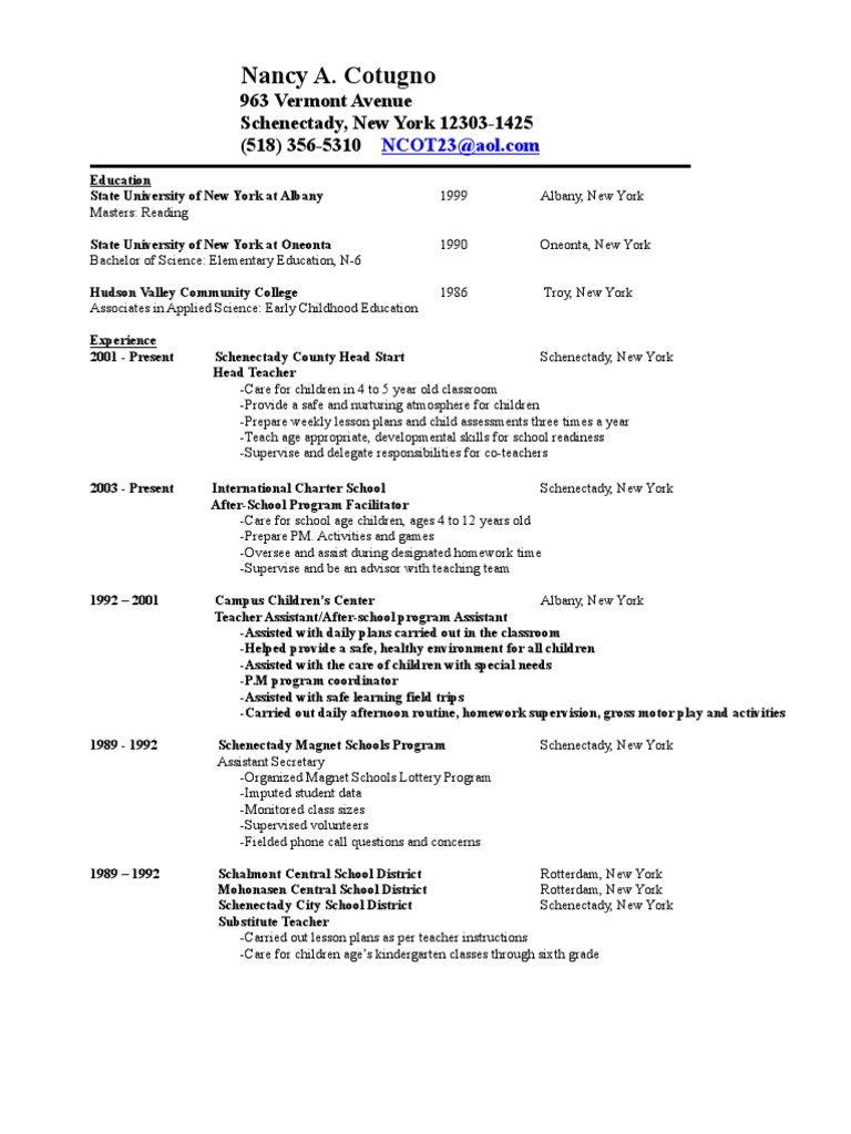 Nancy S Resume Pdf Teachers Schools