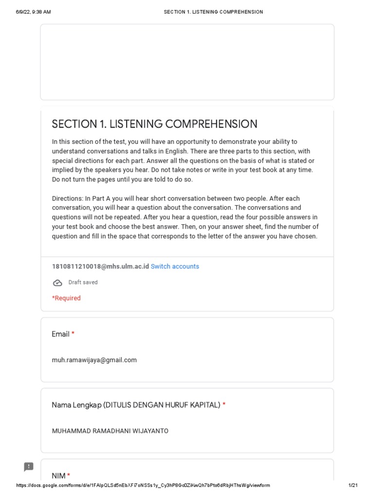Section 1. Listening Comprehension | PDF | Test (Assessment) | Quiz