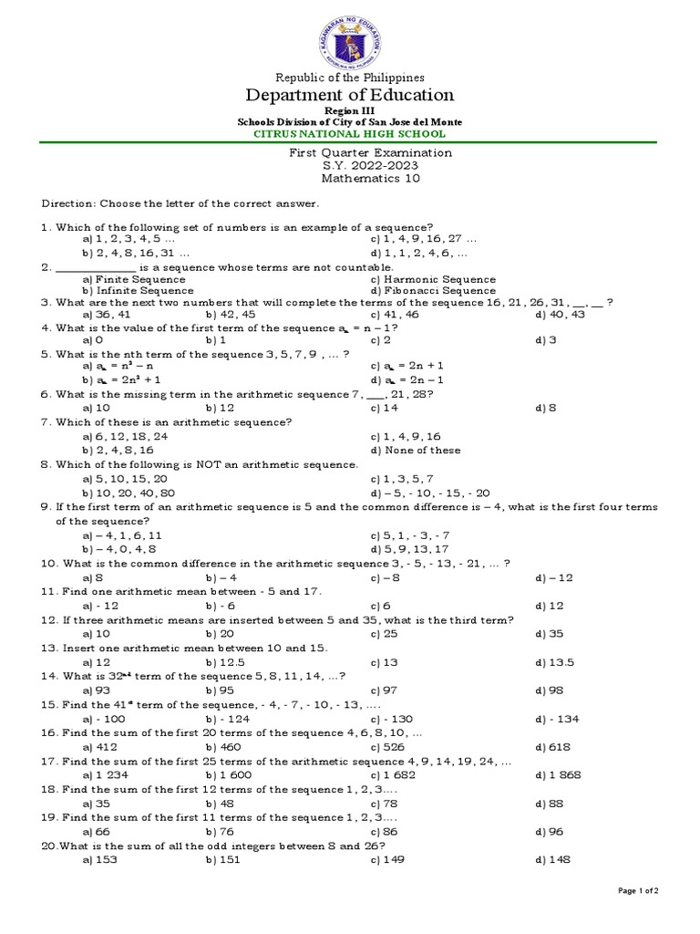 Math 10 1st Quarter Exam | PDF | Numbers | Arithmetic