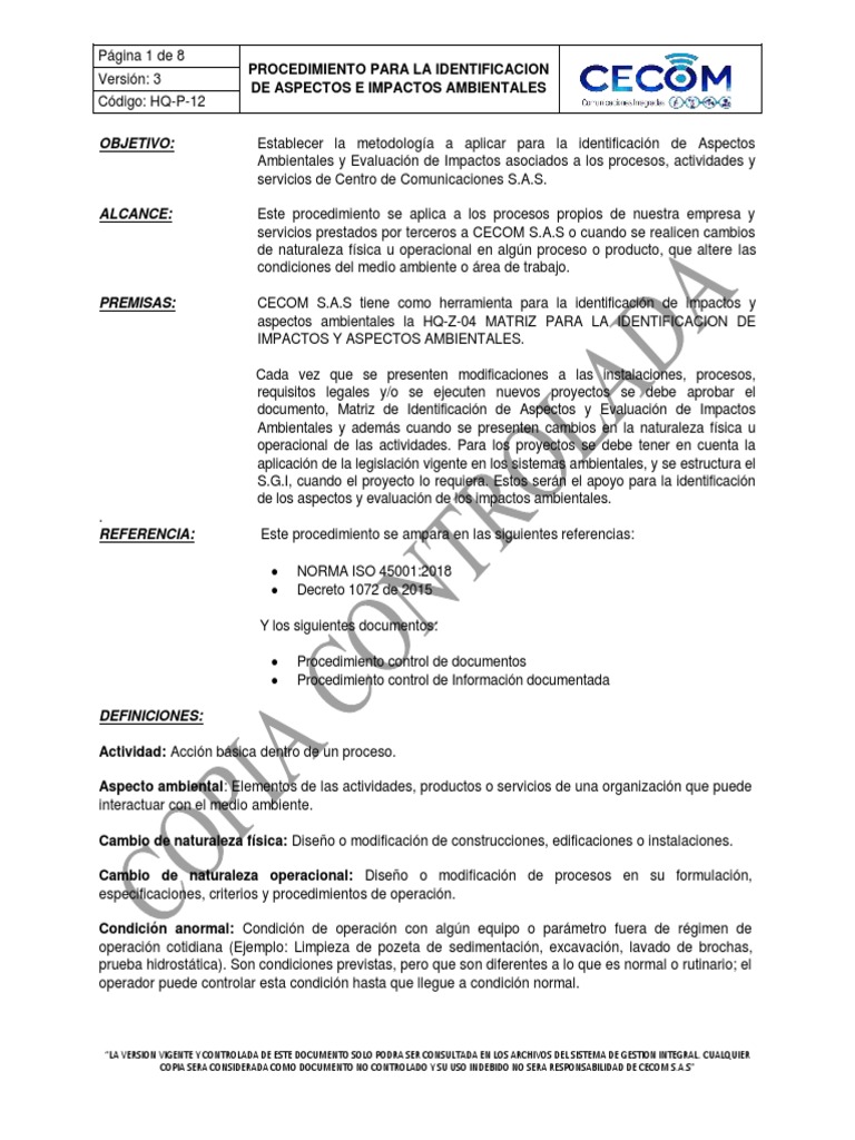 Identificación de Impactos Ambientales CECOM S.A.S | PDF | Entorno natural | Contaminación