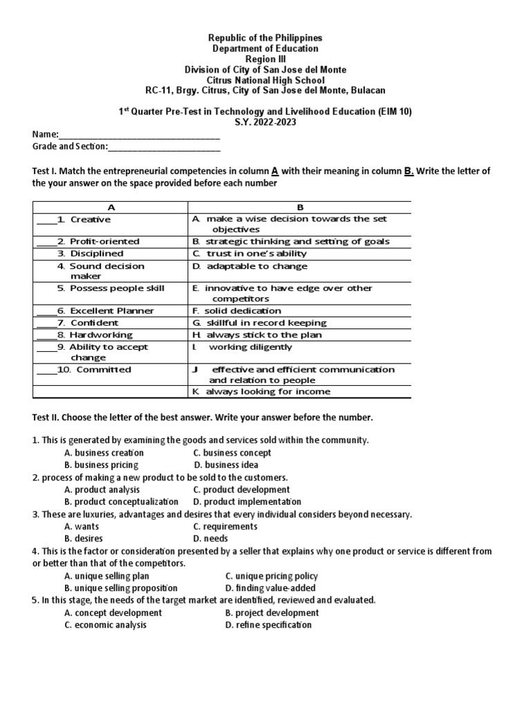 1st Quarter Pre Test in Technology and Livelihood Education EIM 10 ...