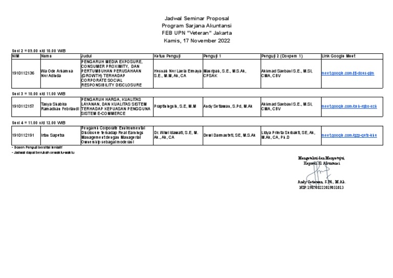Jadwal Sempro SIA Ganjil 2022-2023 - Kamis, 17 November 2022 | PDF