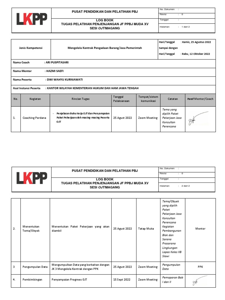 Logbook Magang OJT PPBJ Muda XV | PDF