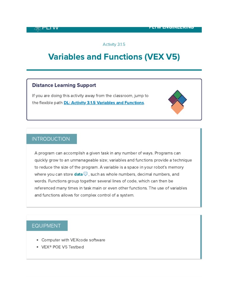 Activity 315 Variables And Functions Vex V5 2021 Pdf Control Flow Variable Computer Science 9504