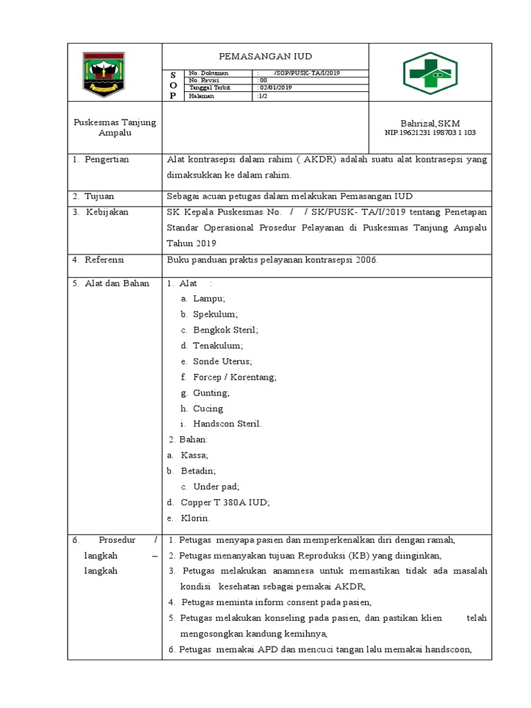 Sop KB Pemasangan Iud 2019 | PDF
