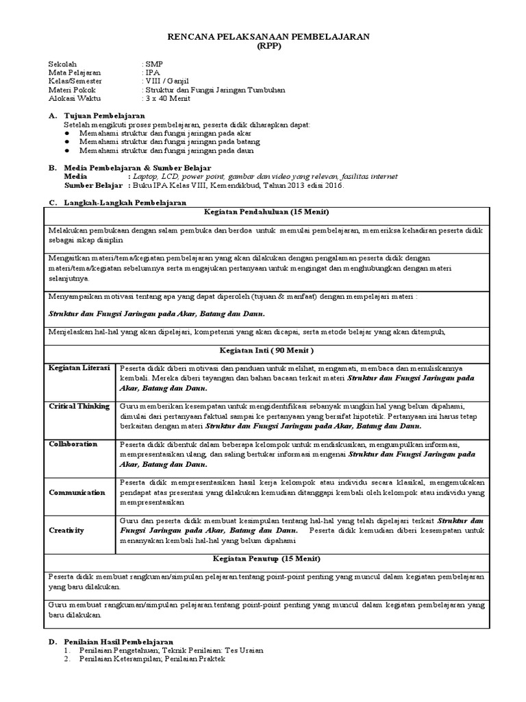 08 RPP Struktur Dan Fungsi Jaringan Tumbuhan 02 | PDF 08 RPP Struktur Dan Fungsi Jaringan Tumbuhan 02 | PDF
