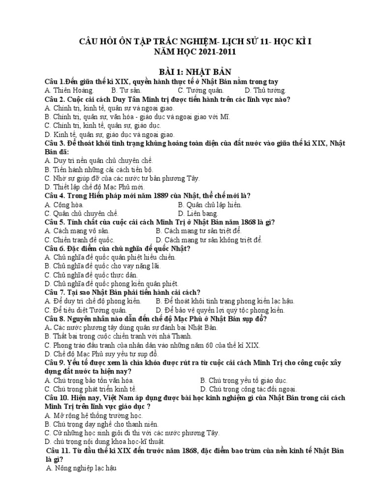 ĐỀ CƯƠNG TRẮC NGHIỆM SỬ 11 HK1 2022 2023 | PDF