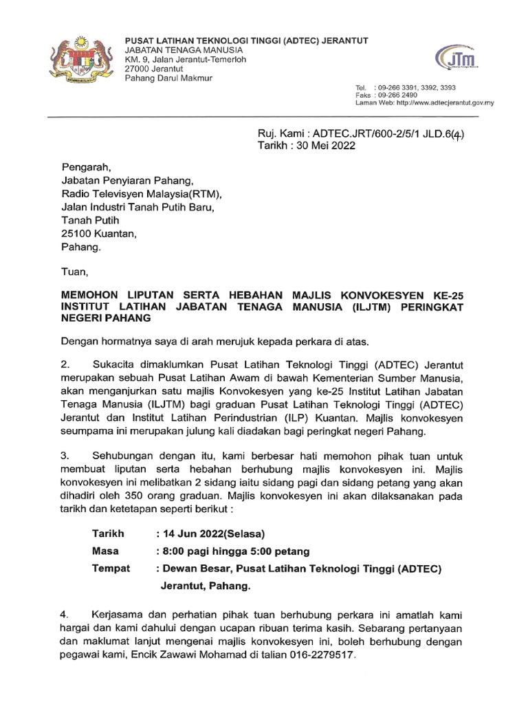 Surat Mohon Liputan Serta Hebahan RTM Untuk Majlis Konvo Adtec Jerantut ...