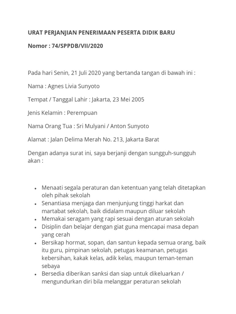 Urat Perjanjian Penerimaan Peserta Didik Baru | PDF