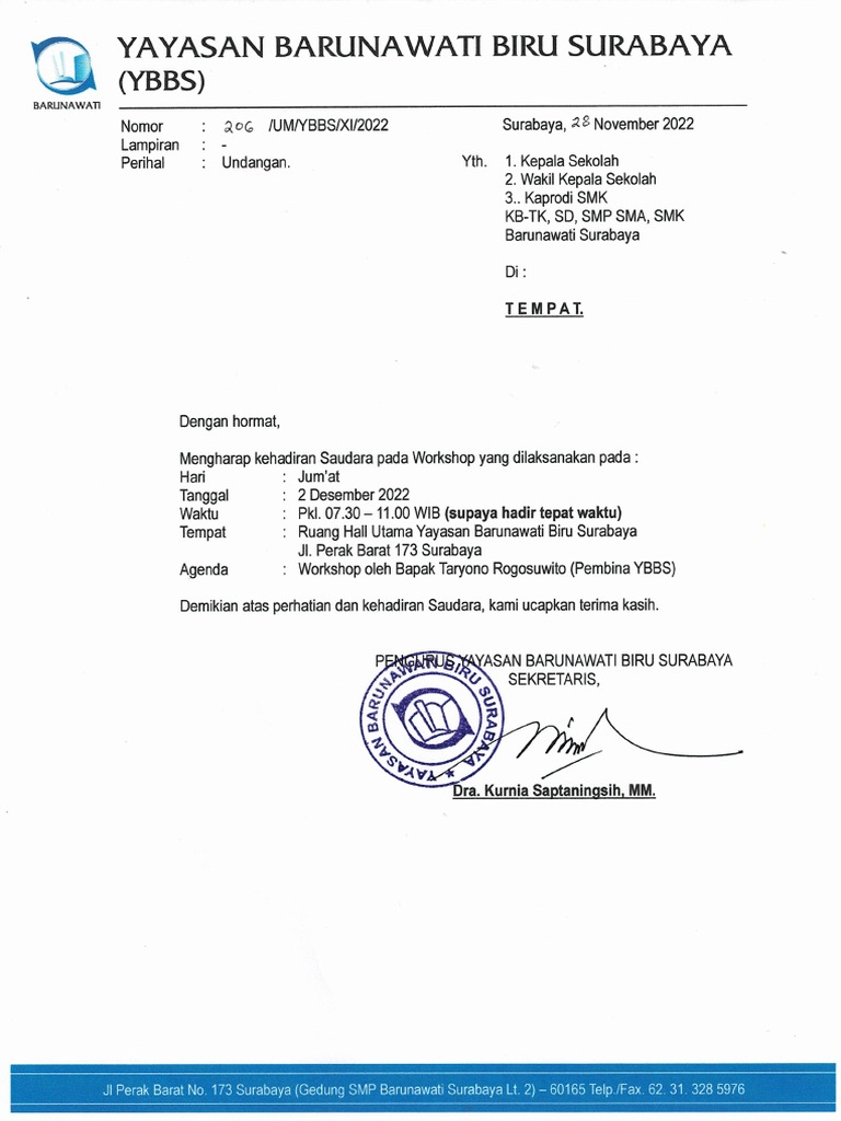 Surat Perihal Undangan Workshop 2 Des 2022 | PDF