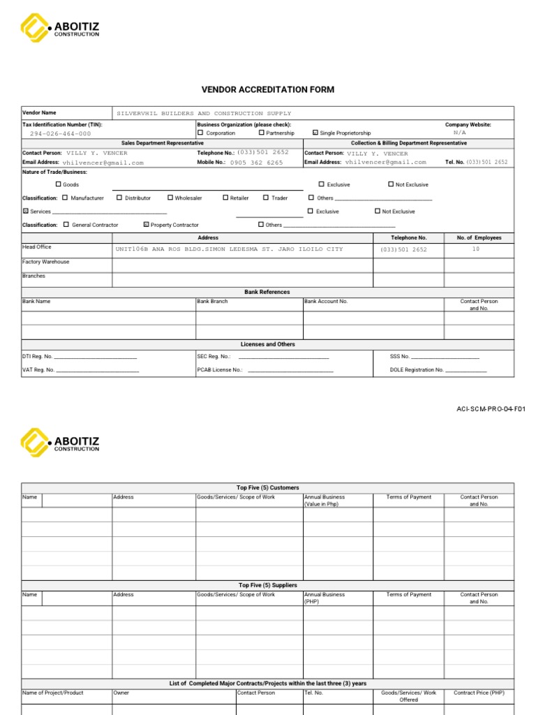 ACI SCM PRO 04 F01 Vendor Accreditation Form 1 | PDF | Business ...