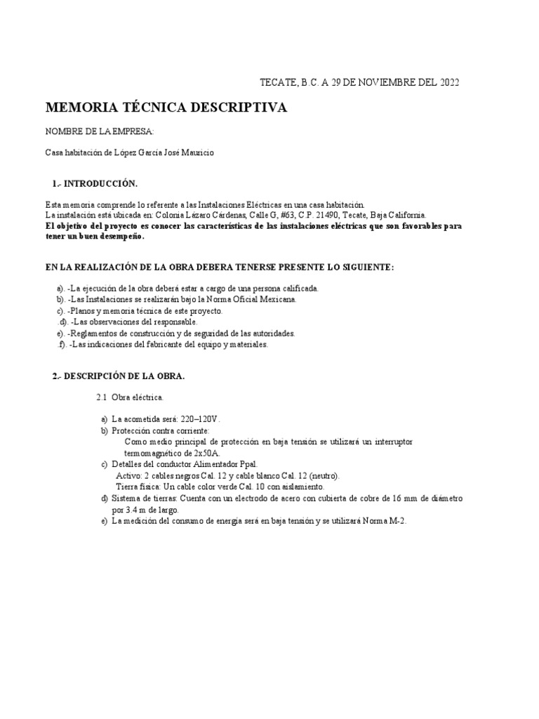 Memoria Técnica Descriptiva - Esqueda | PDF | Corriente eléctrica | Electricidad