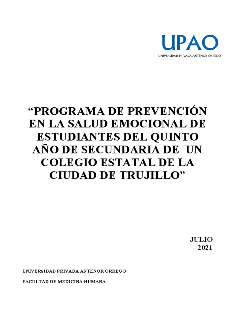 Programa de Prevención en La Salud Emocional de Estudiantes Del Quinto ...