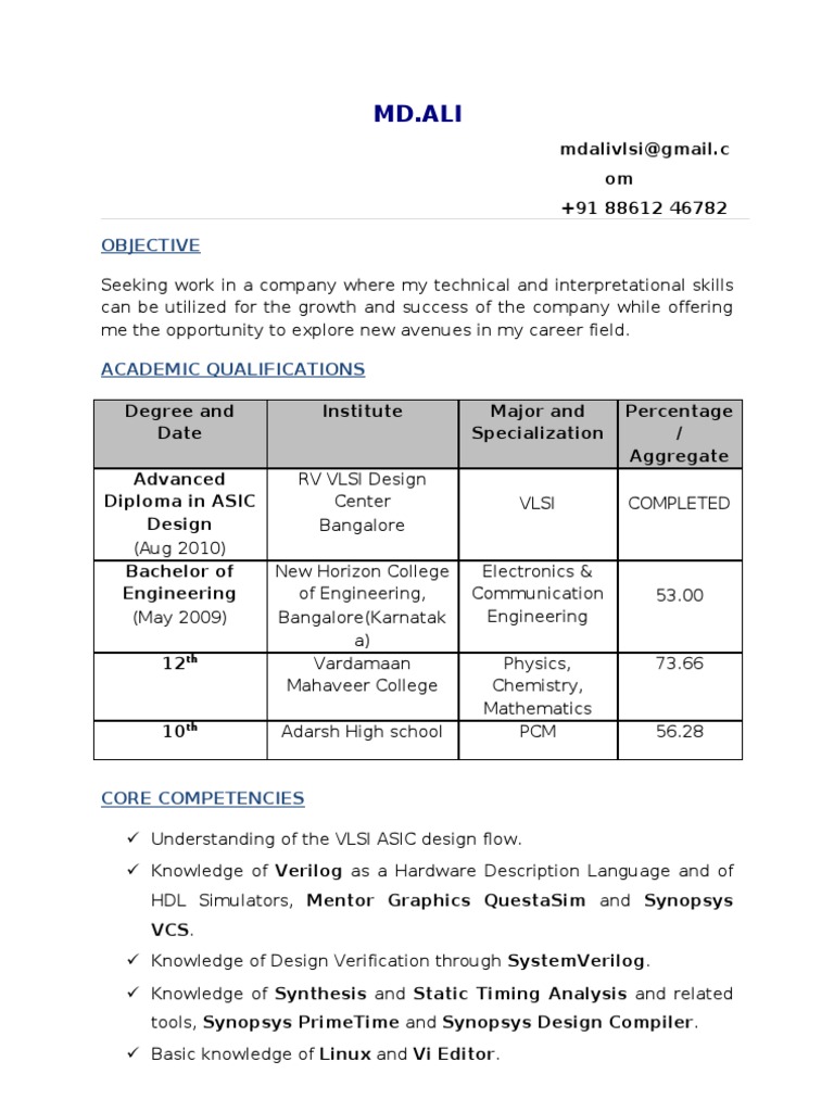 Md.ali Vlsi Resume | Hardware Description Language | Electronic Design Automation