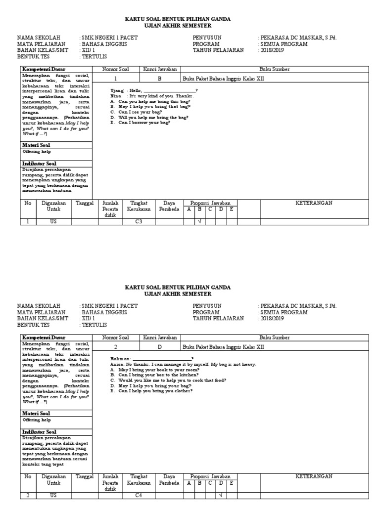 Contoh Kartu Soal PG | PDF