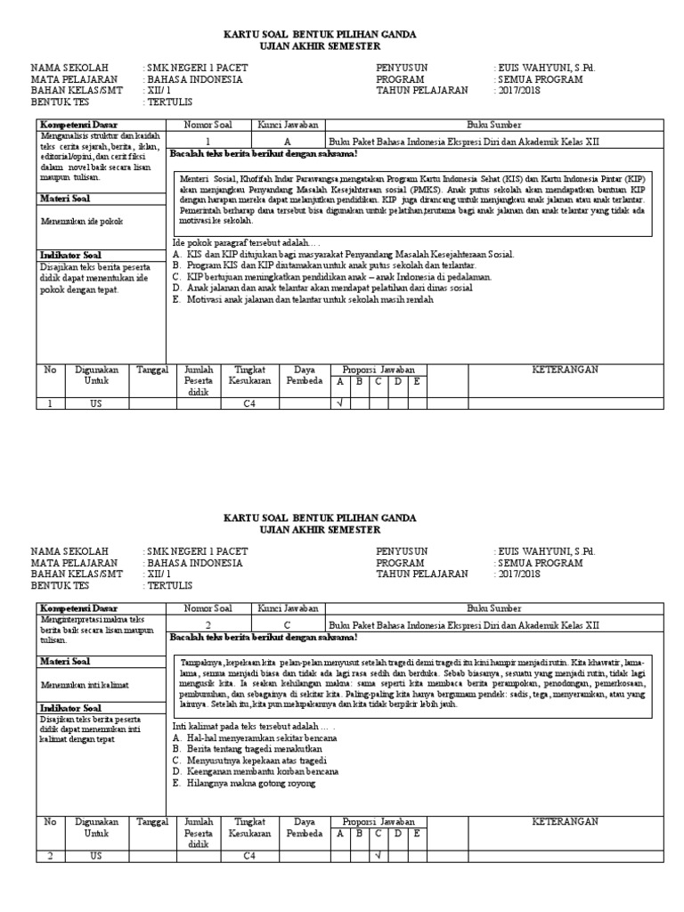 Contoh Kartu Soal PG | PDF