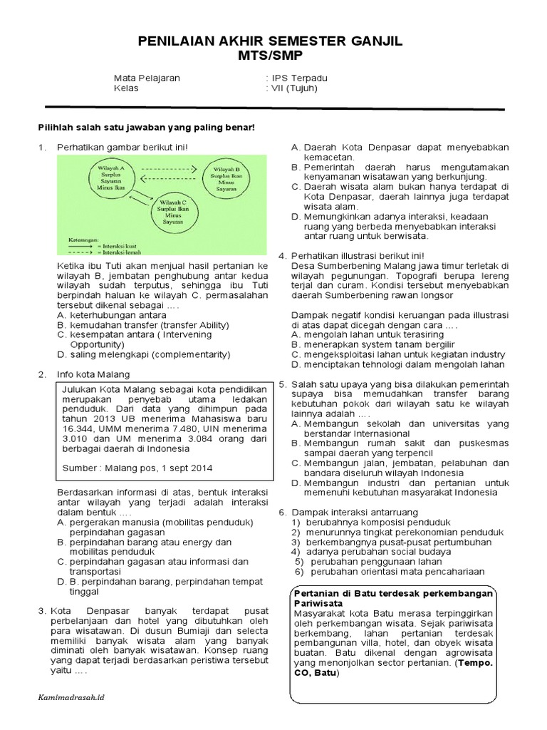 Soal Pas Ips Kelas 7 Semester 1 - Kamimadrasah | PDF