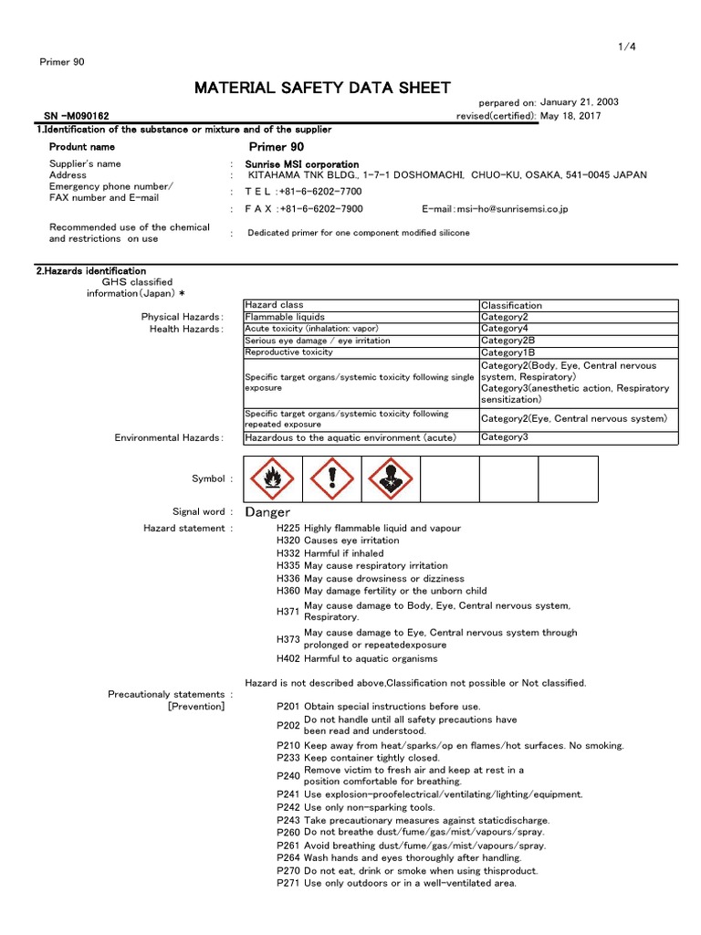 Primer 90 Safety Data Sheet | PDF | Toxicity | Chemistry