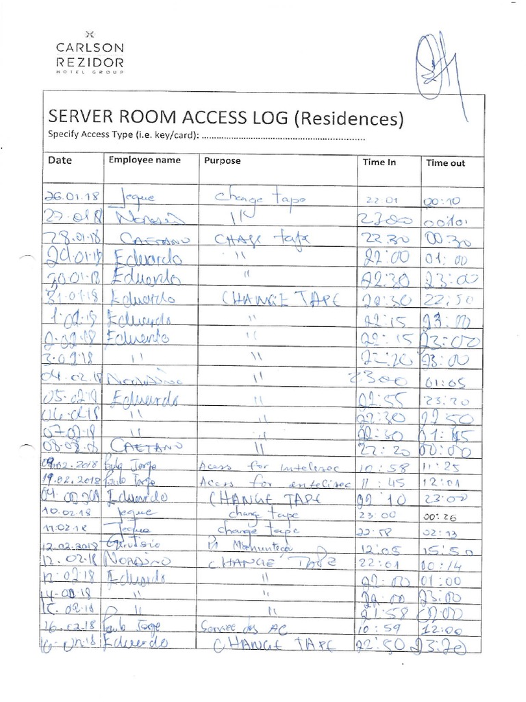 Access Server Room Log Residences 02-2018 | PDF