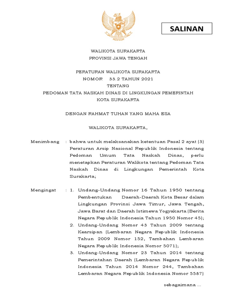 Perwali No 33.2 Tahun 2021 Tata Naskah Dinas | PDF