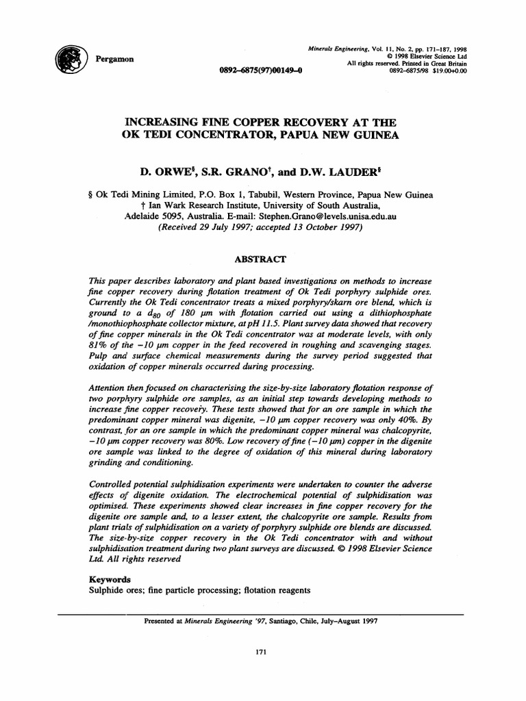 Increasing Fine Copper Recovery at The Ok Tedi Concentrator, Papua New ...