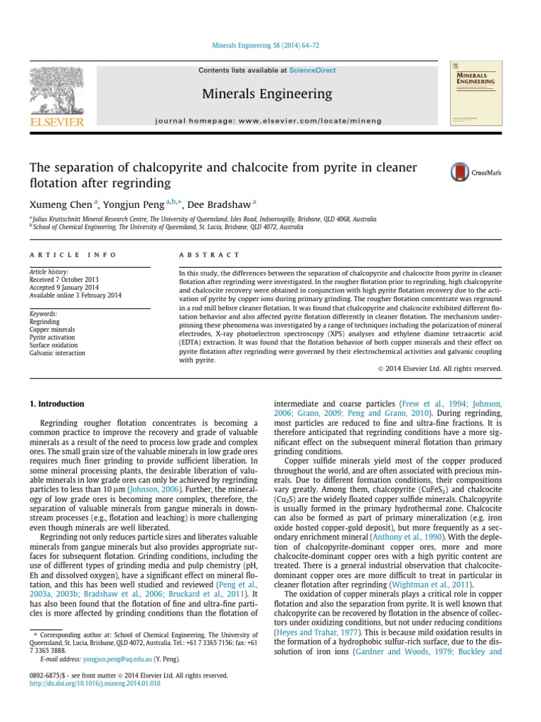 The Separation of Chalcopyrite and Chalcocite From Pyrite in Cleaner ...