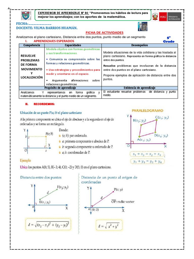 Ficha Del Estudiante Distancia Entre Dos Puntos, Punto Medio | PDF | Aprendizaje | Geometría