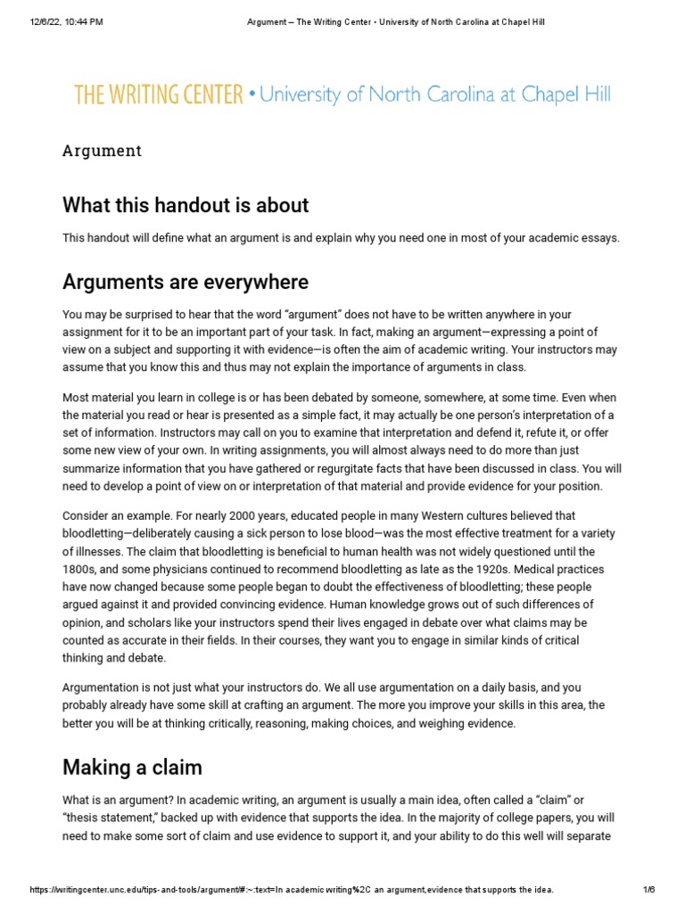 Argument - The Writing Center - University of North Carolina at Chapel Hill | PDF | Argument ...