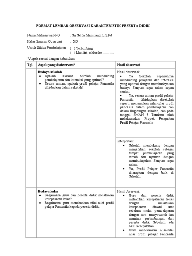 Lampiran 1 - Contoh Format Lembar Observasi Karakteristik Peserta Didik ...