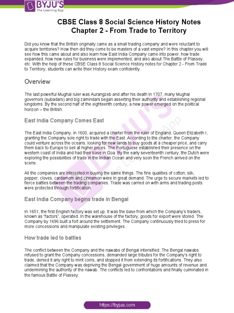 CBSE Class 8 Social Science History Notes Chapter 2 From Trade To ... CBSE Class 8 Social Science History Notes Chapter 2 From Trade To ...