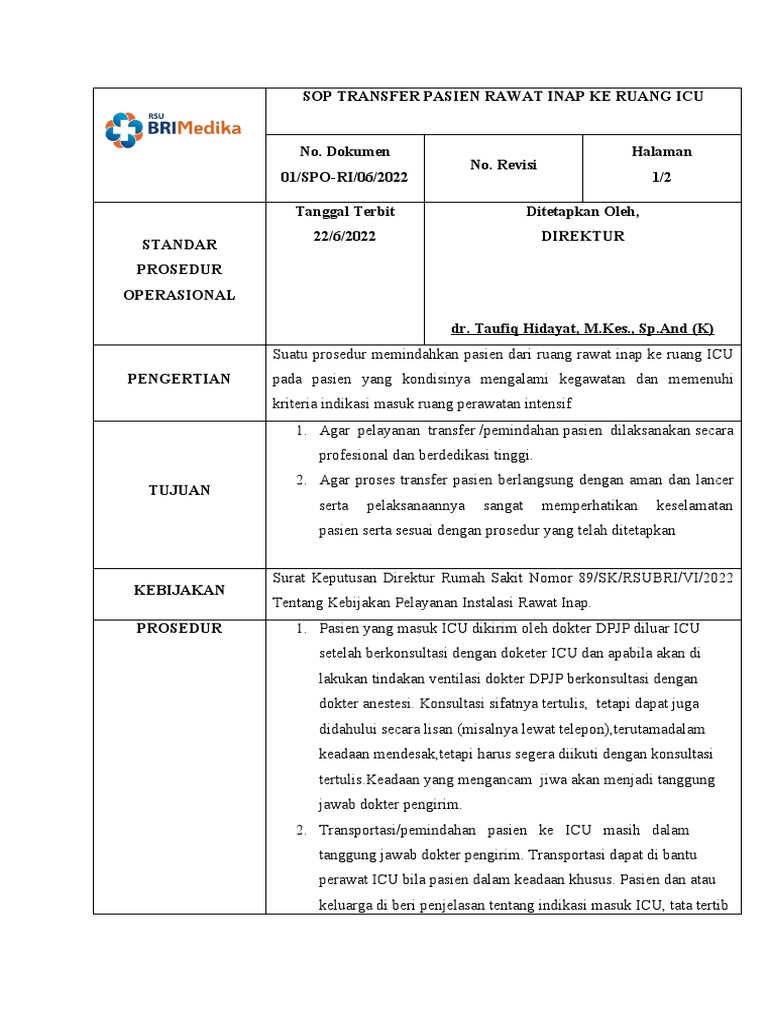Sop Transfer Pasien Rawat Inap Ke Ruang Icu | PDF