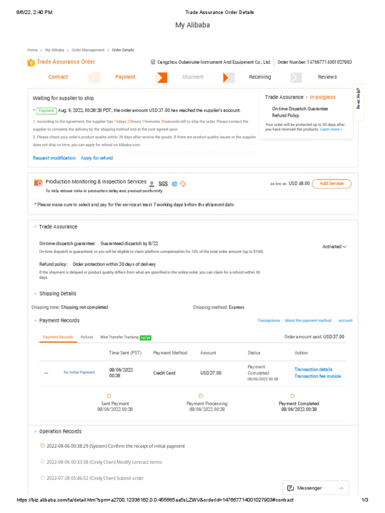 Trade Assurance Order Details | PDF | Payments | Alibaba Group