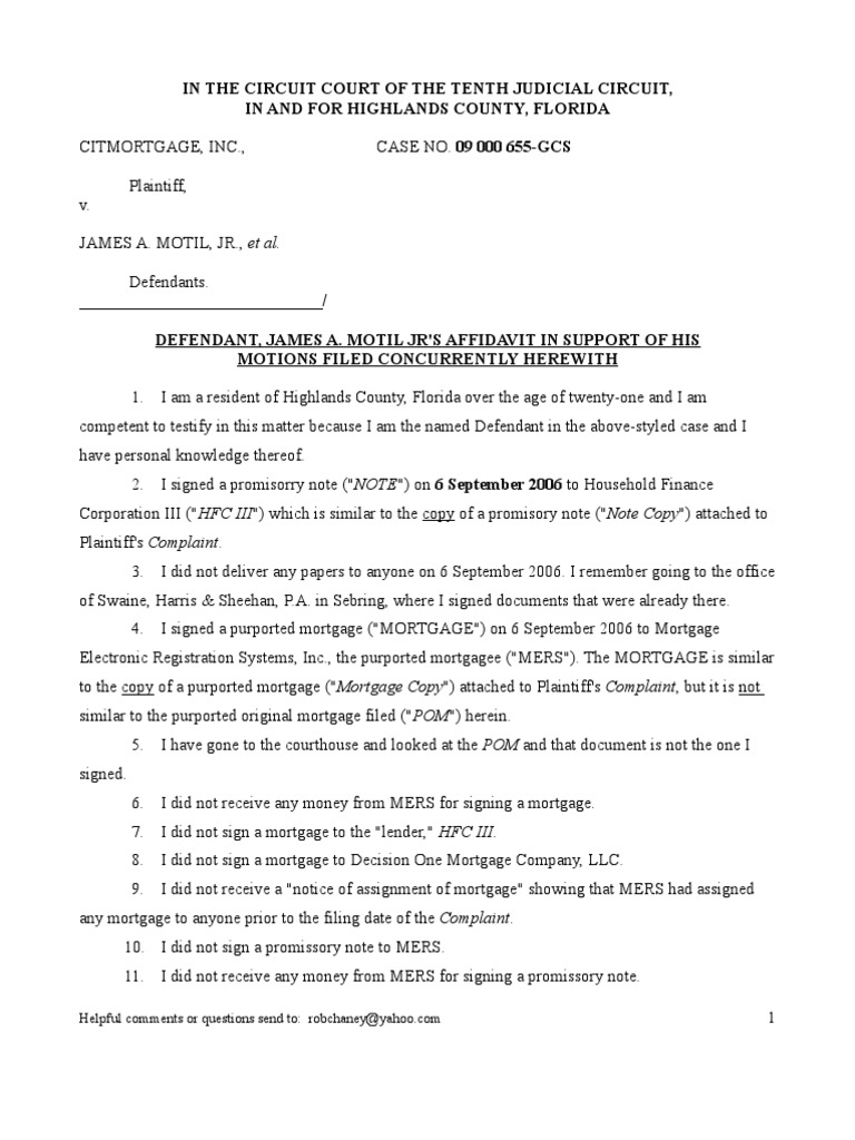 Affidavit in Support of Response To Motion For Summary Judgment 1100730 | Complaint | Mortgage Law