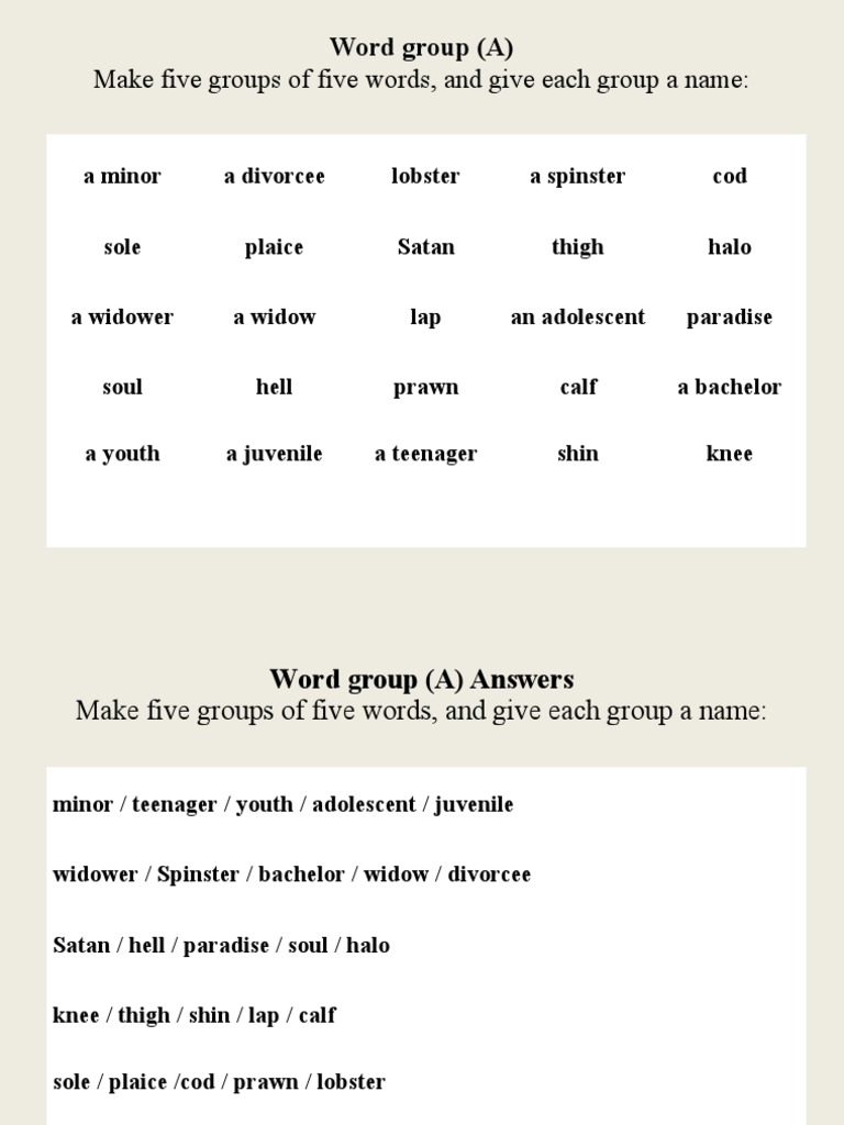 Word Group Categorization Exercise | PDF
