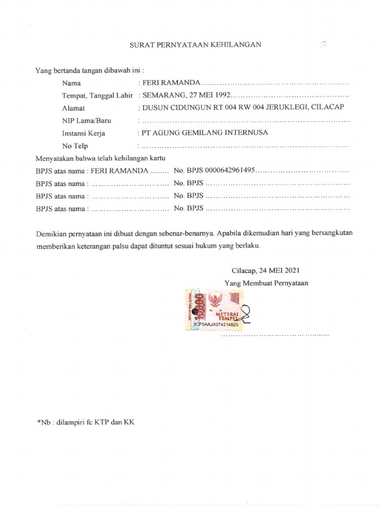 Surat Pernyataan Kehilangan Feri | PDF