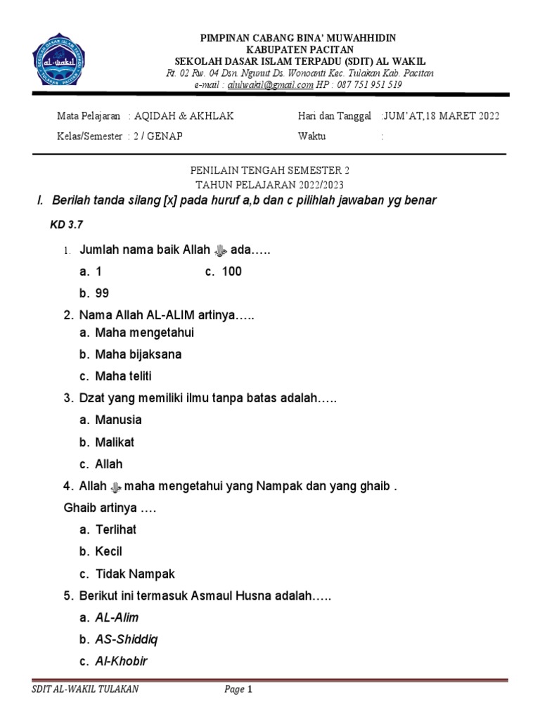 Soal Aqidah Akhlak | PDF