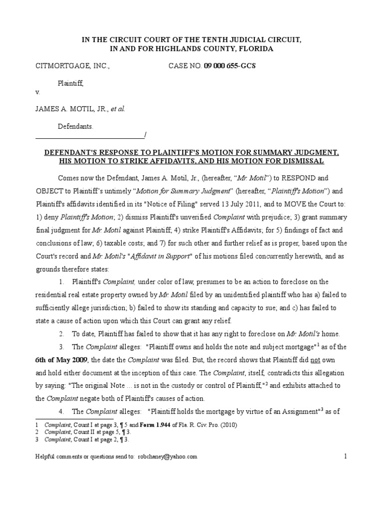 Response To Motion For Summary Judgment of Foreclosure (Florida) | PDF ...