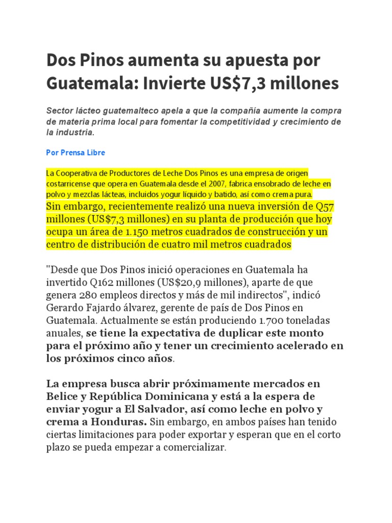 Dos Pinos Aumenta Su Apuesta Por Guatemala PREGUNTA 1 Y 2 | Descargar gratis PDF | Guatemala | Leche