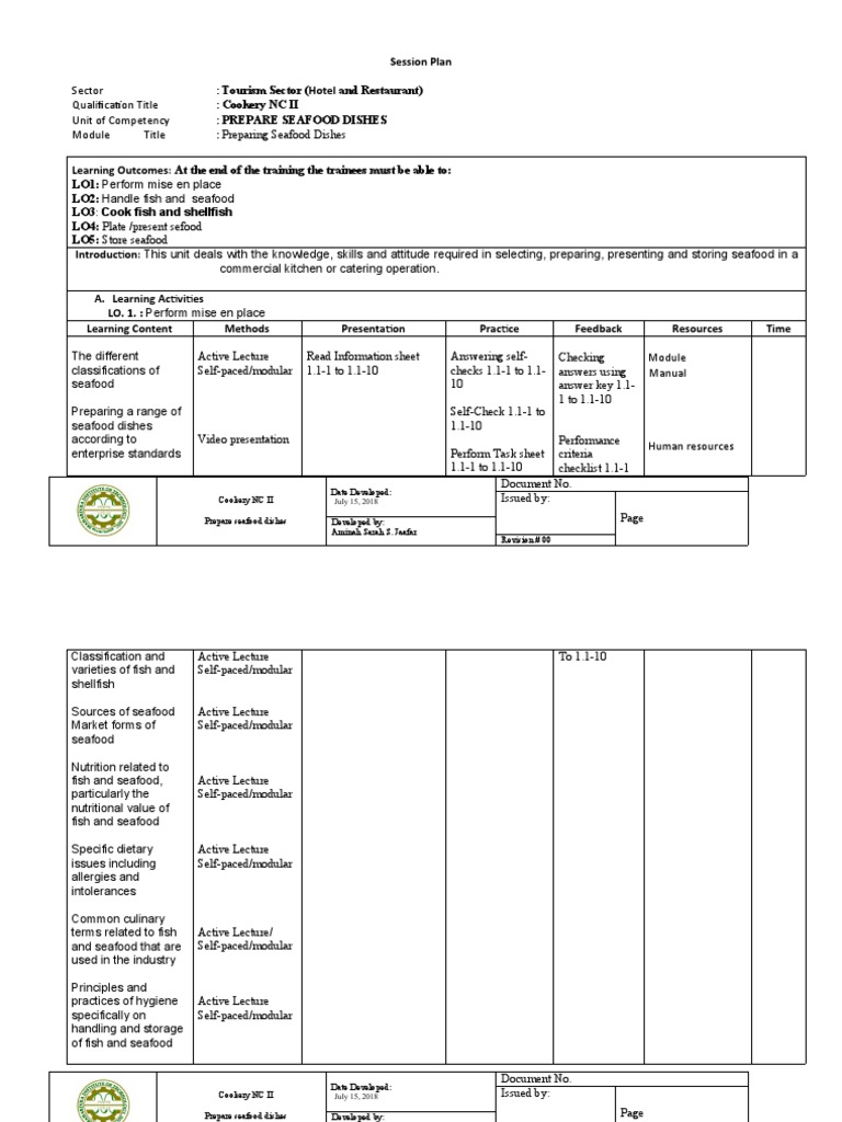 Session Plan | PDF | Seafood | Cooking