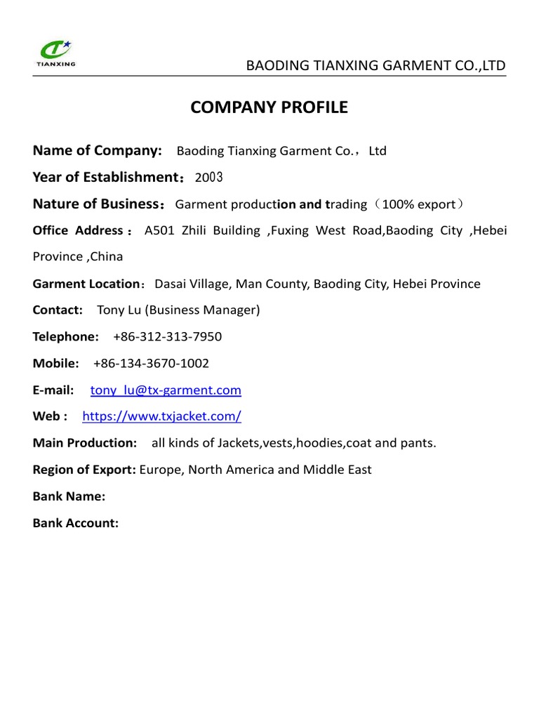 Baoding Tianxing Garment Company Profile | PDF | Clothing | Human ...