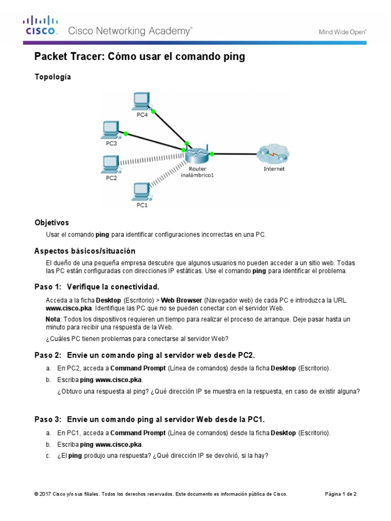 9.2.3.3 Packet Tracer - Using The Ping Command | PDF | Red mundial | Internet y web