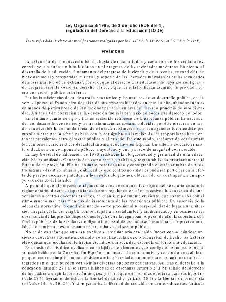 Ley Organica 8-1985 | PDF | Plan de estudios | Método de enseñanza