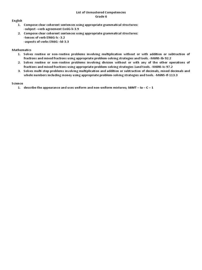 List of Unmastered Competencies | PDF