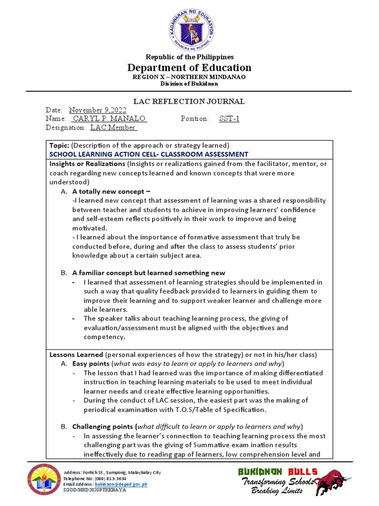 Lac Reflection | PDF | Learning | Educational Assessment