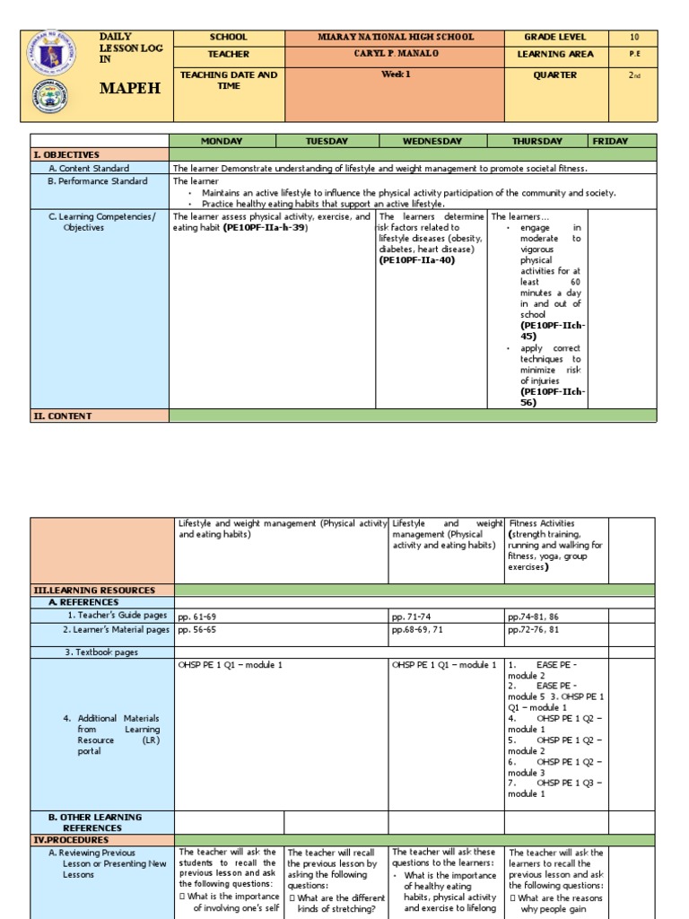 Q2 Grade 10 PE DLL Week 1 | PDF | Physical Fitness | Physical Education