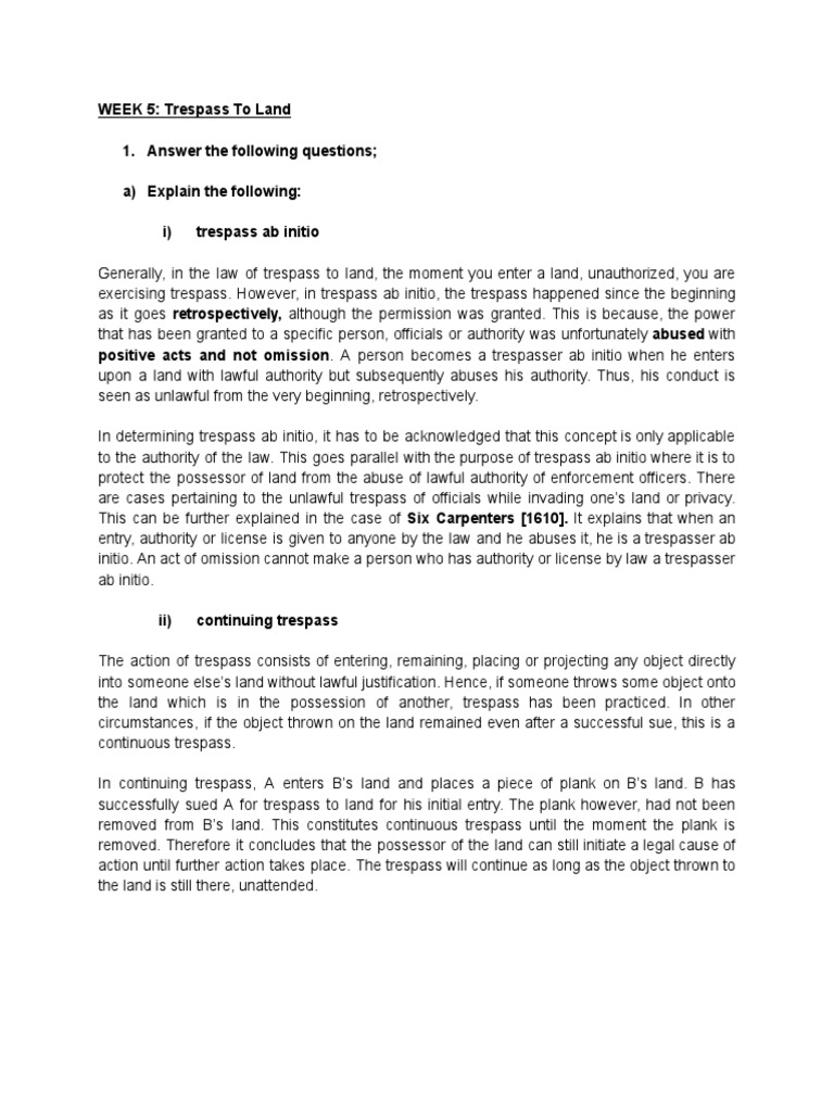 Trespass To Land Pdf Trespass Civil Law Common Law