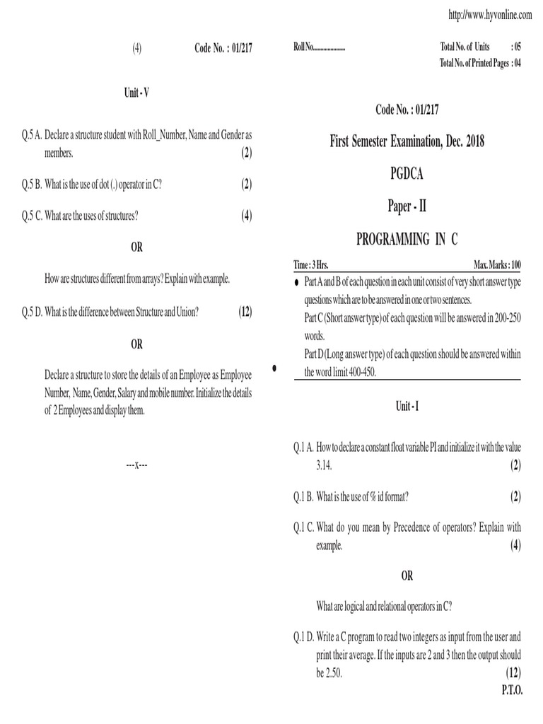 Pgdca 1 Sem Programming in C 217 Dec 2018 | PDF | C (Programming ...