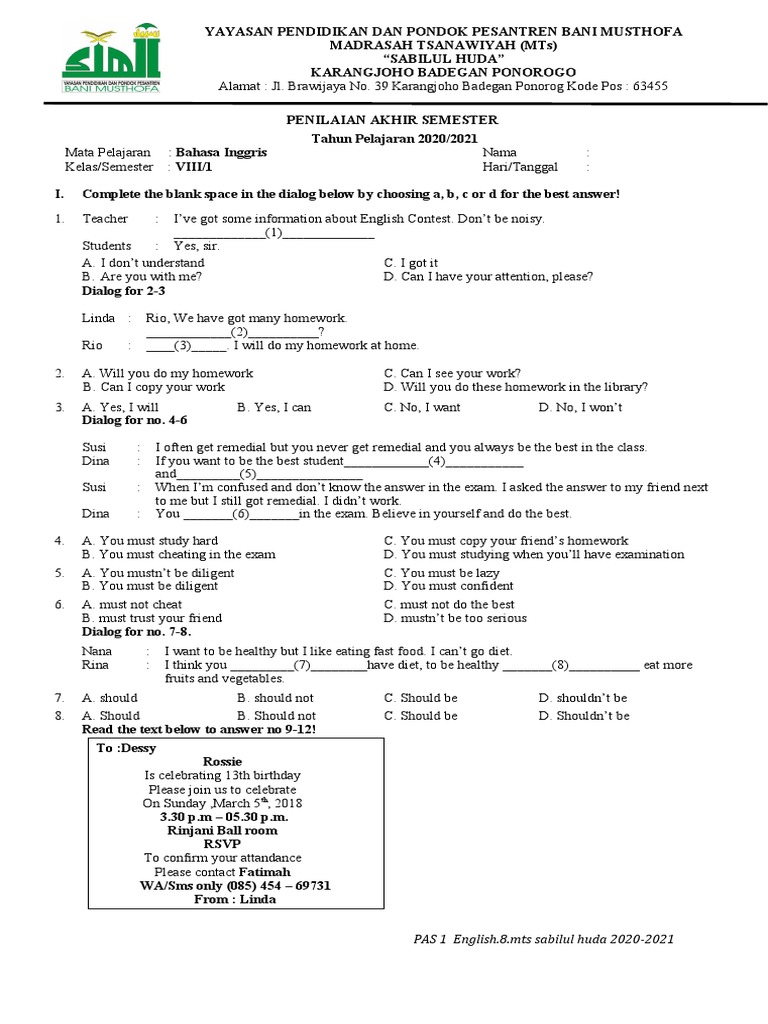 Soal PAS B.Ing Kelas 8 K13 RINA | PDF